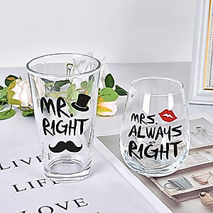 Mr. Right and Mrs. Always Right Stemless Wine Glass and Beer Glass, Funny Couple Set for Her Him Newlywed Couples - Ideal for Wedding Anniversary Valentine's Day Birthday Christmas, 12Oz