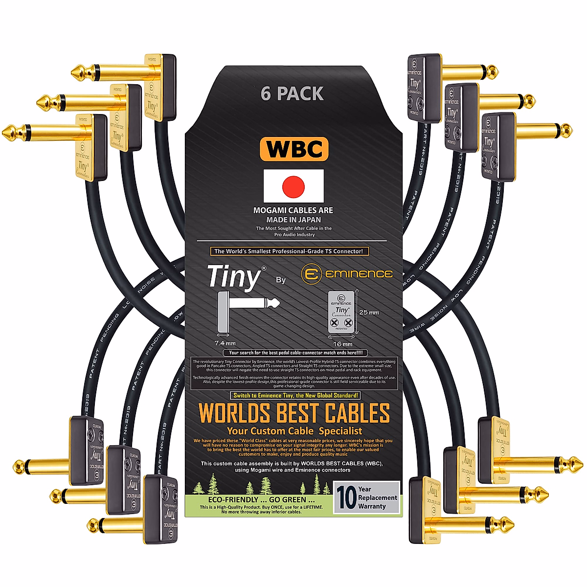 WORLDS BEST CABLES 6 Units - 6 Inch - Pedal, Effects, Patch, Instrument Cable Custom Made Using Mogami 2319 Wire & Eminence Tiny Gold Plated Angled TS Connectors