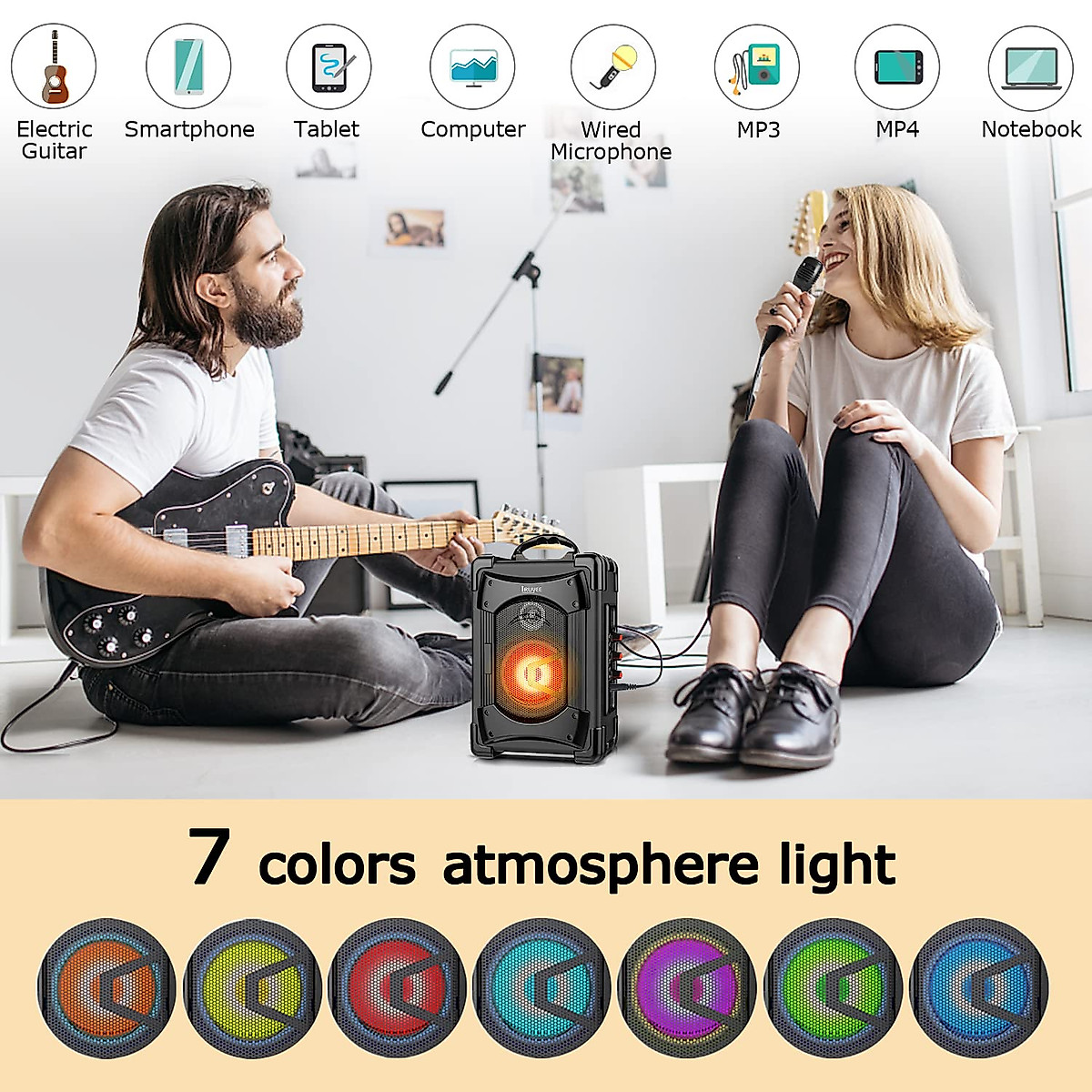 IRUYEE Portable Karaoke Machine Bluetooth Speaker with Microphone,Audio Recording for Indoors & Outdoor,PA System Bluetooth Subwoofer Heavy Bass with FM Radio,Supports TF Card/USB Playback,Black