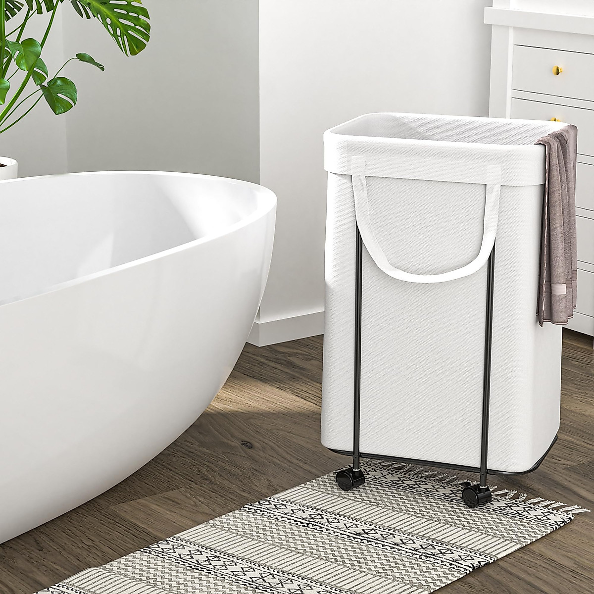 Wheels Laundry Hamper, Laundry Basket Organizer, 90 Litre Small Dirty Clothes Basket with Removable Lined Bag for Bathroom and Bedroom Storage (White)