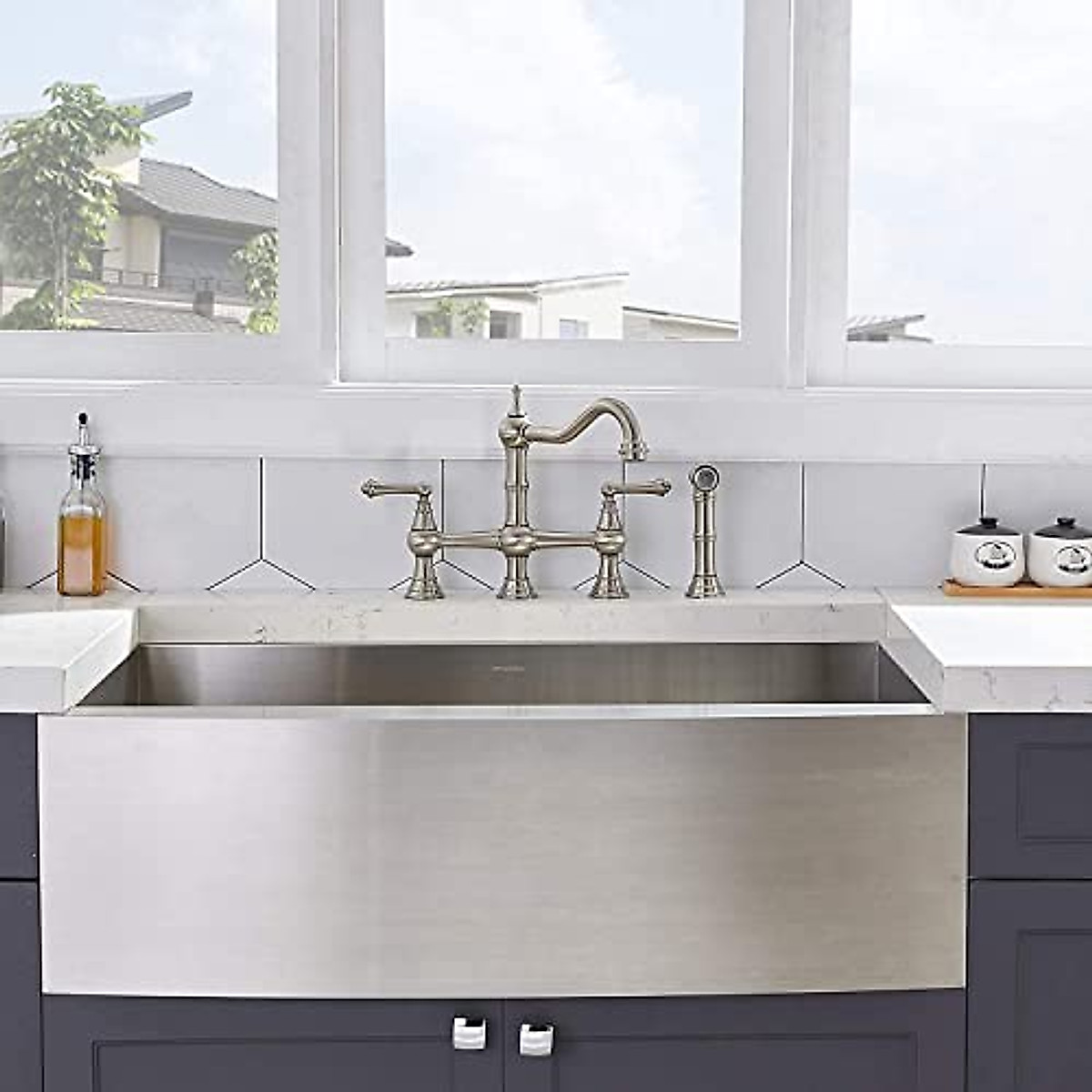 VCCUCINE Bridge Kitchen Faucet, 4 Hole Kitchen Faucet with Side Sprayer, Antique Brass 8 Inch Centerset 2 Handle Farmhouse Sink Faucet, Stainless Steel Kitchen Faucets for Sink 3 Hole