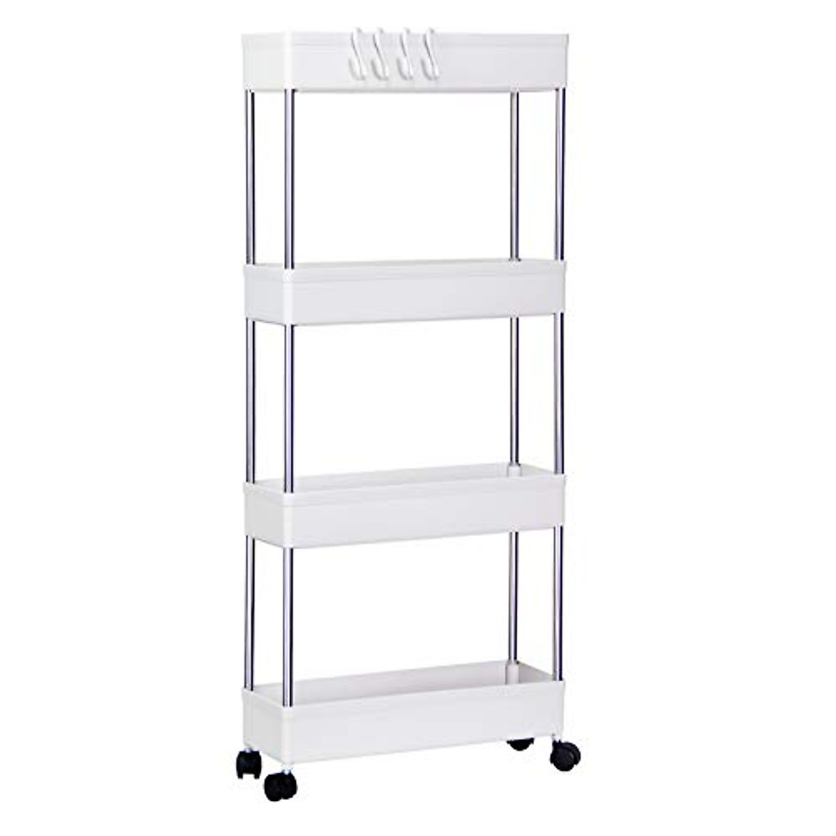 YooFZler 4 Tier Slim Storage Cart Mobile Tower Rack Rolling Shelving Unit Storage with Casters Wheels&4 Side Hoops for Kitchen Bathroom Laundry Room, White