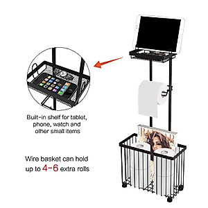 X-cosrack Freestanding Toilet Paper Holder Toilet Tissue Rack Scroll Stand Roll Dispenser with Storage Shelf Reserve for Phone Tablet Magazine Bathroom Organizer Bath Tissue Organizer (Black)