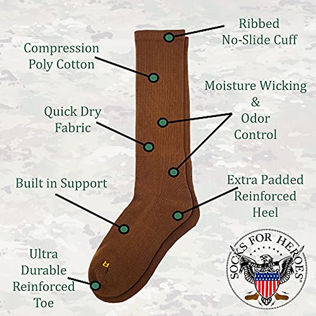 SOCKS FOR HEROES Coyote Brown Moisture Wicking, Breathable Over The Calf Foot Socks | Quick Dry Boot Socks | Made in USA