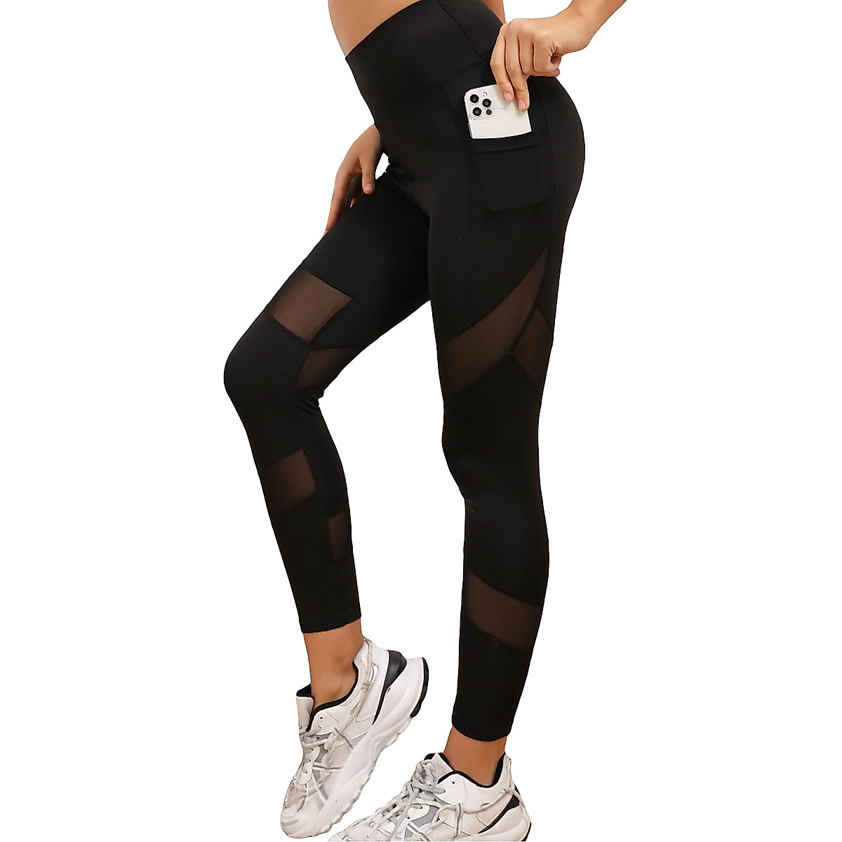 MakeMeChic Women's Mesh Insert High Waisted Workout Gym Athletic Leggings with Phone Pocket Black B S