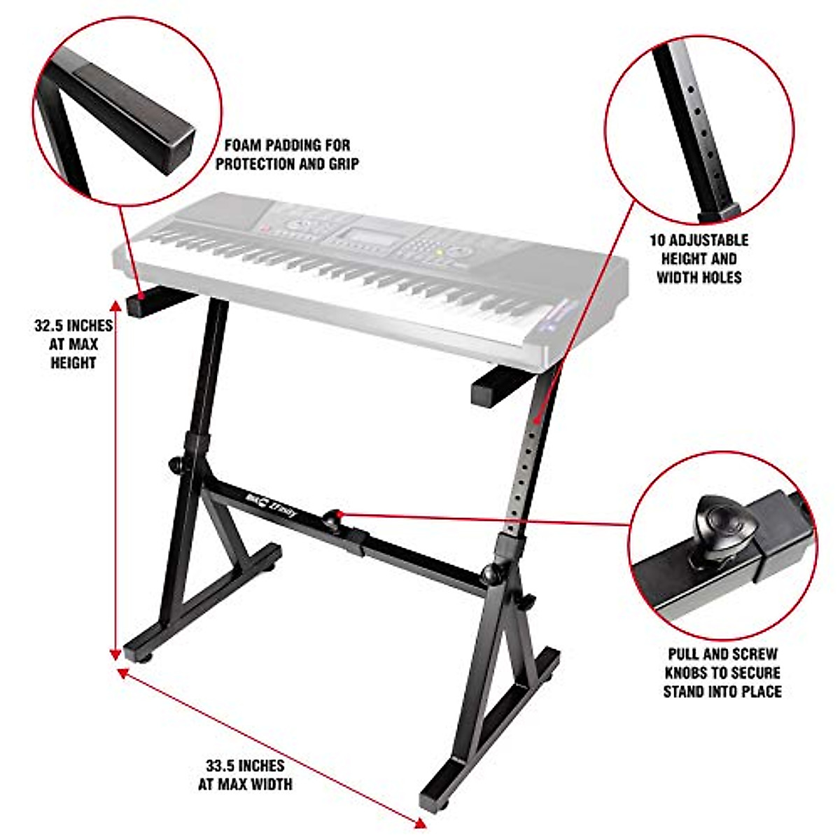 RockJam Z Style Adjustable and Portable Heavy Duty Music (Fits 54-88 Key Electric Pianos) Electronic Keyboard Stand (RJZZ363)
