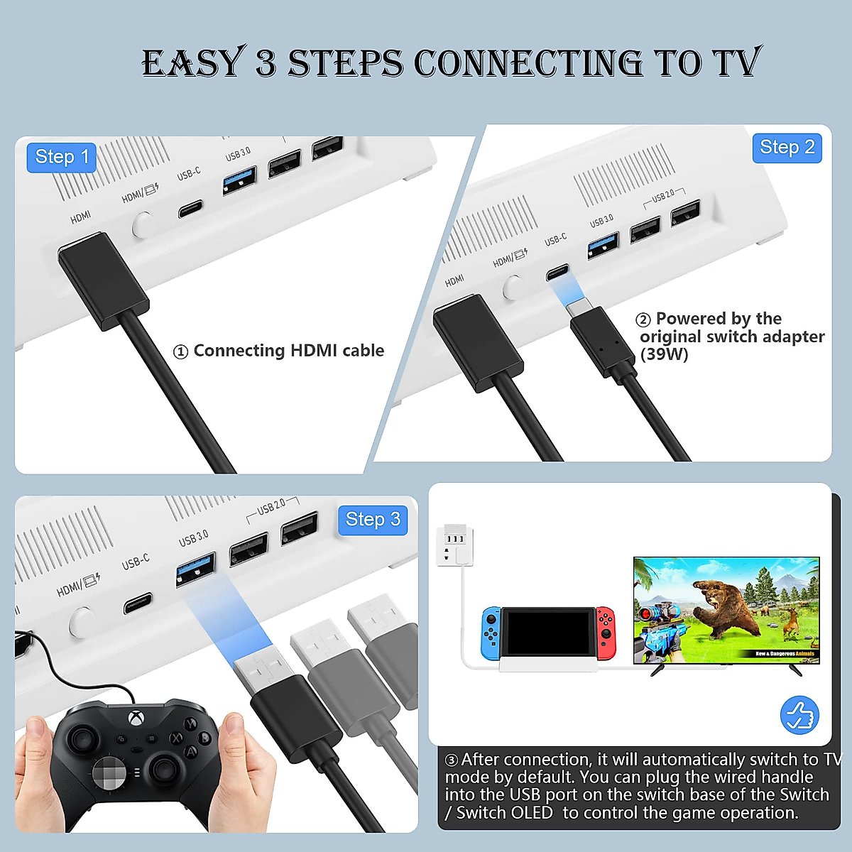 KEKUCULL TV Docking Station for Switch and Switch OLED,Switch Docking Station with 4K/1080P HDMI Adapter and USB 3.0 Port,Replacement for Official Switch Dock(White)