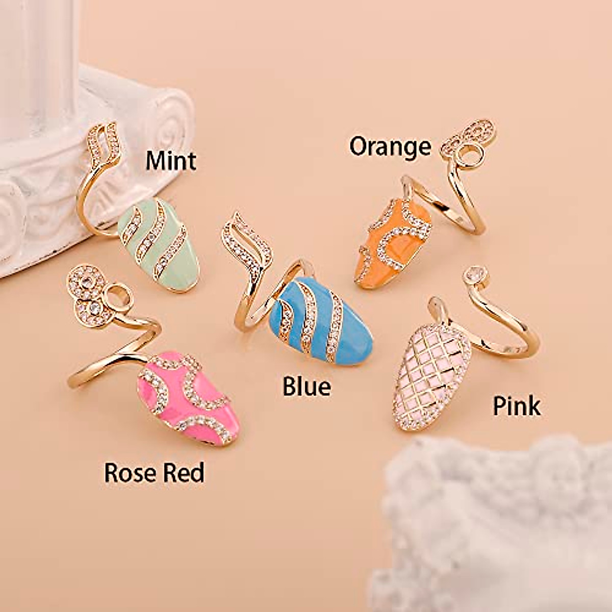 Rumtock Knuckle Nail Ring Mint Nail Protecting Ring with CZ Crystal for Women Girls Finger Tip Manicure Jewelry