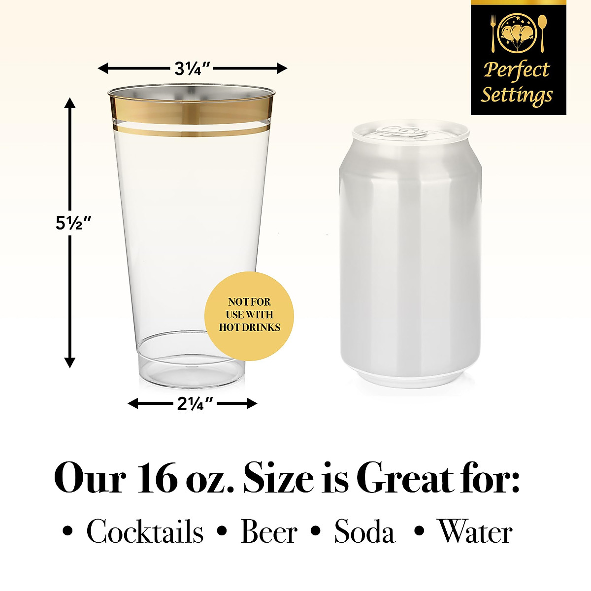 Perfect Settings 100 Premium Hard Plastic Cups Clear Plastic Double Colored Rimmed Cups Fancy Disposable Wedding Cups Elegant Party Cups with Twin Colored Rim (Clear Gold Rim, 16)