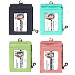 ID Window Card Badge Holder Leather Wallet Zip Neck Detachable Strap Landyard Money