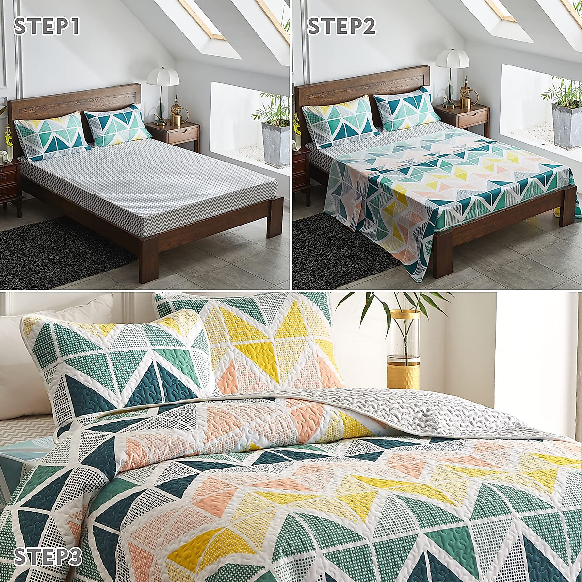 Quilt Set Bed in a bag 7 Piece Queen Size Colorful Cubes Orange Yellow Green Bedspread Coverlet with (1 Reversible Quilt 88x88, 2 Pillow Shams, 1 Flat Sheet, 1 Fitted Sheet, 2 Pillowcases)