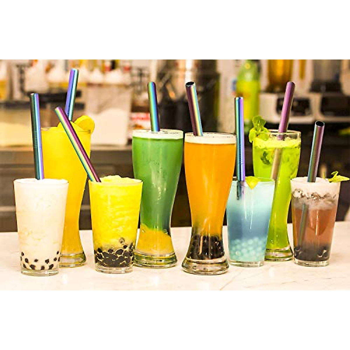 5 Pcs 10" Reusable Boba Straws & Smoothie Straws - Rainbow Colors & Angled Tips, 0.5" Wide Stainless Steel Straws, Metal Straws for Bubble Tea, Milkshakes, Jumbo Drinks | 2 Cleanning Brushes & 1 Case