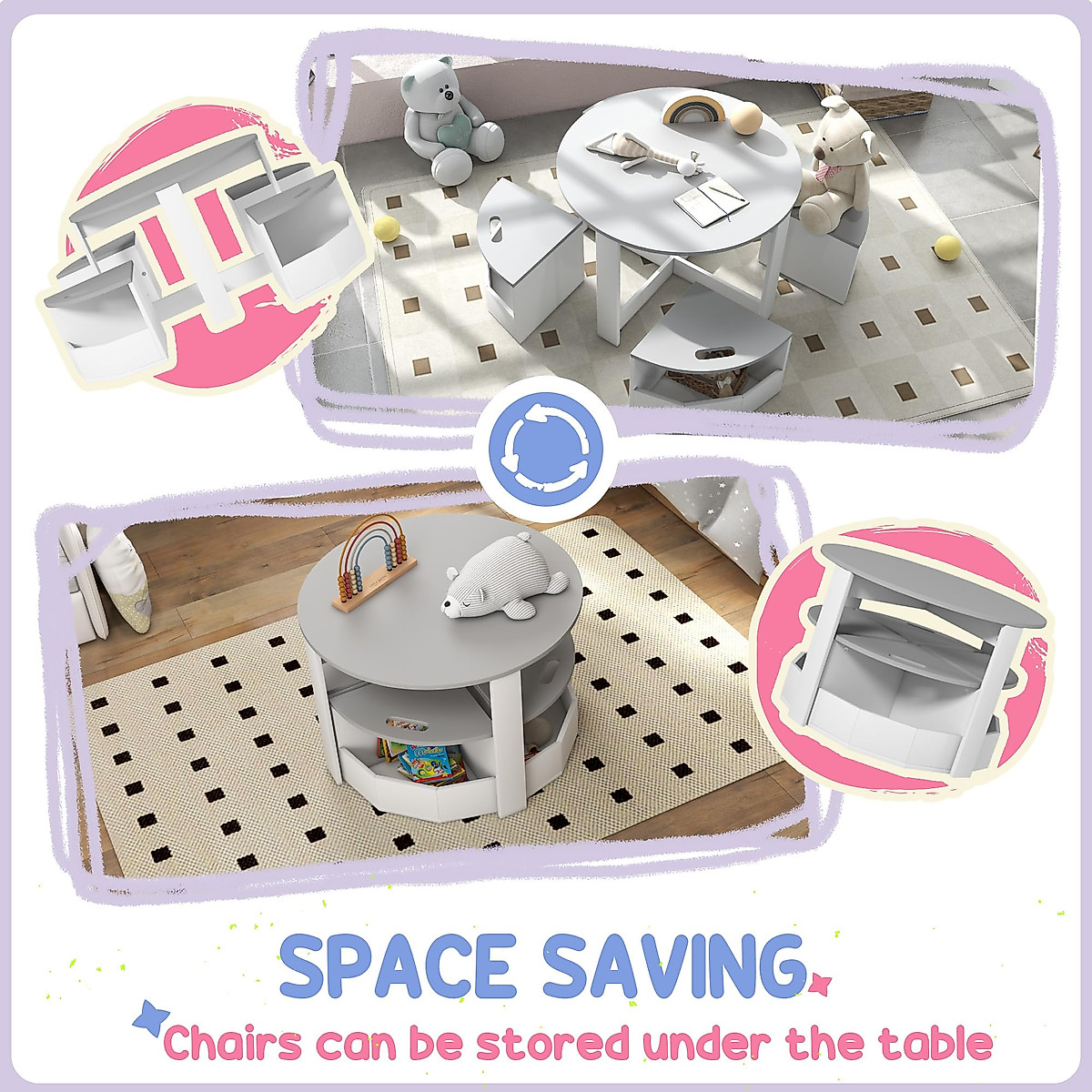 Qaba Kids Table and Chairs Set, 5 Piece Toddler Table and Chairs Set with Storage for Art, Craft, Drawing, Playroom, Classroom, Nursery, Gray