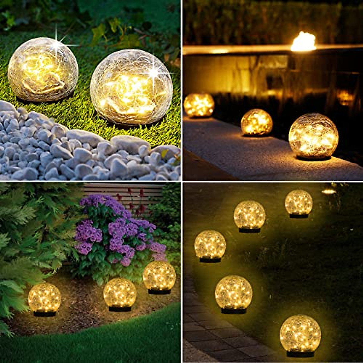 ZKLiLi Garden Solar Lights, Cracked Glass Ball Waterproof Warm White LED for Outdoor Pathway Patio Yard Lawn Globe Landscape Lighting (Ground Lamp)