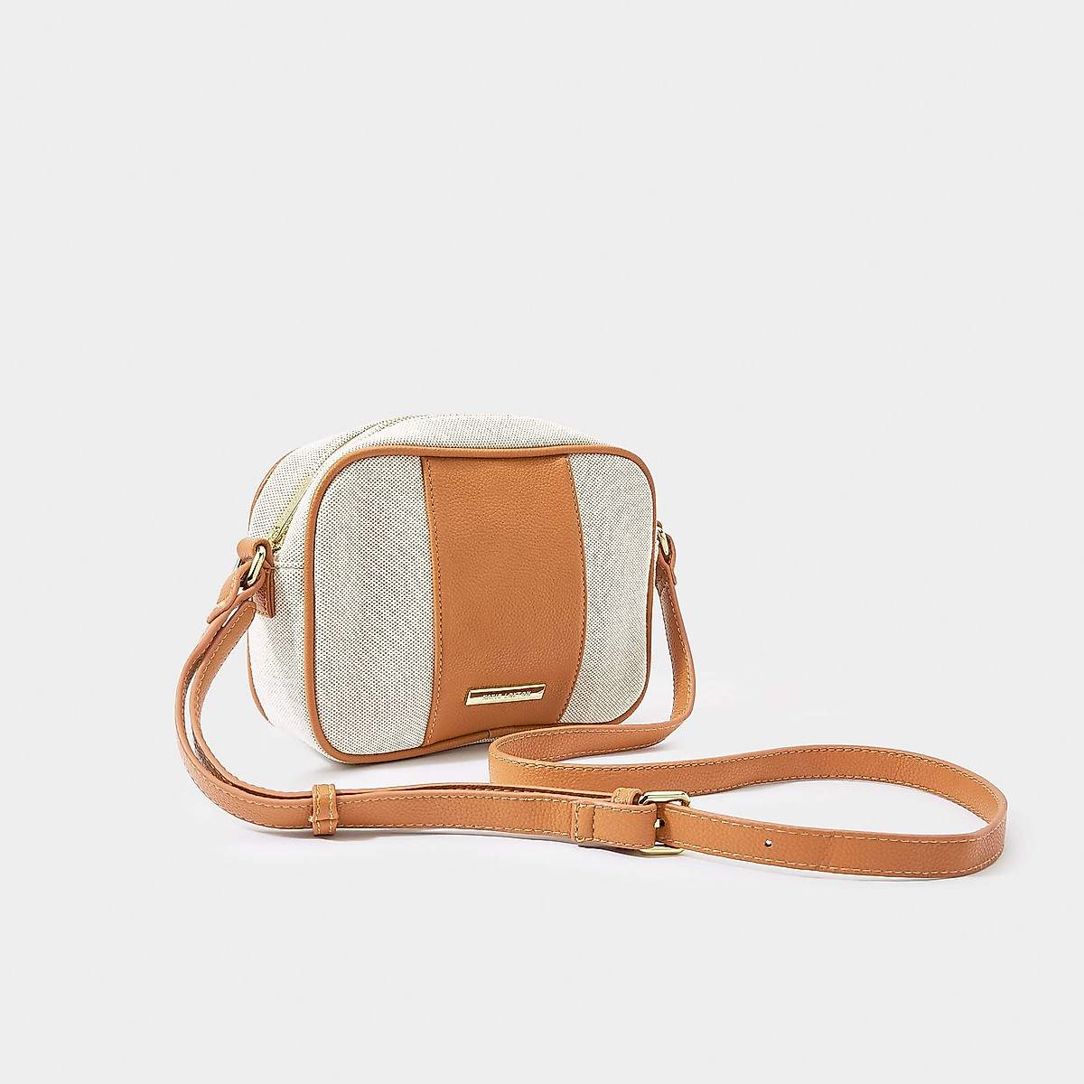 KATIE LOXTON Amalfi Womens Medium Canvas and Vegan Leather Adjustable Strap Crossbody Handbag Purse Cream and Brown