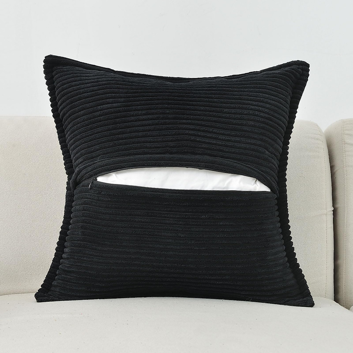 HAUSSY Black Throw Pillow Covers 22x22 Inch Set of 2, Soft Corduroy Solid Striped,Square Decorative Cushion Case,Winter Home Decorations for Couch,Bed