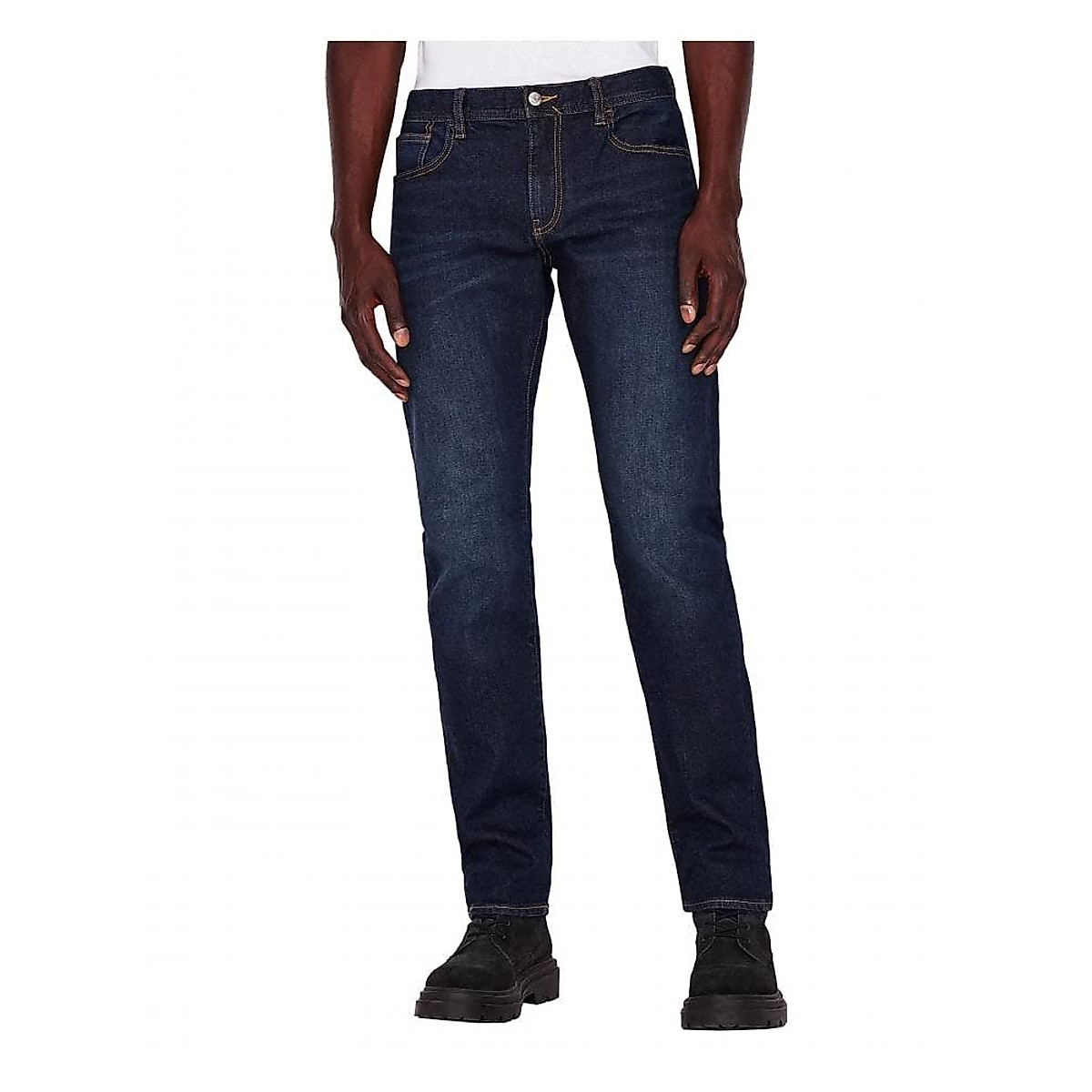 A | X ARMANI EXCHANGE Men's 5 Pocket Slim Denim, Dark Wash/Tobacco Stitching/Stretch Cotton, 33