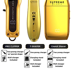 Supreme Trimmer 3-in-1 Barber Bundle | Pro Clipper, T-Shaper Trimmer & CRUNCH Foil Shaver | Professional Beard Trimmer Men’s Hair Clipper Kit | Gold