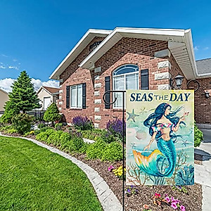 Artofy Seas the Day Spring Mermaid Nautical Home Decorative Garden Flag, Coastal House Yard Shell Starfish Coral Conch Outside Decor, Summer Beach Tropical Outdoor Small Decoration Double Sided 12x18