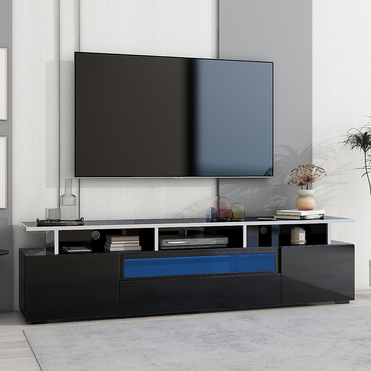 NOLLAM 76.7 "Modern TV Stand, Entertainment Center with Push to Open Doors and LED Color Changing Lights, High-Gloss Media Console for TVs Up to 80", TV Cabinet TV Table for Living Room, Black