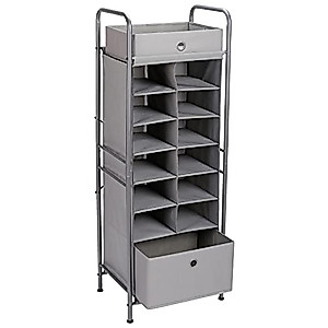 BIRDROCK HOME 12 Cubby Vertical Shoe Rack Organizer with Large Drawer - Grey - Free Standing Tower for Closet - Sturdy Metal Frame - Space Saver - Bedroom Organization