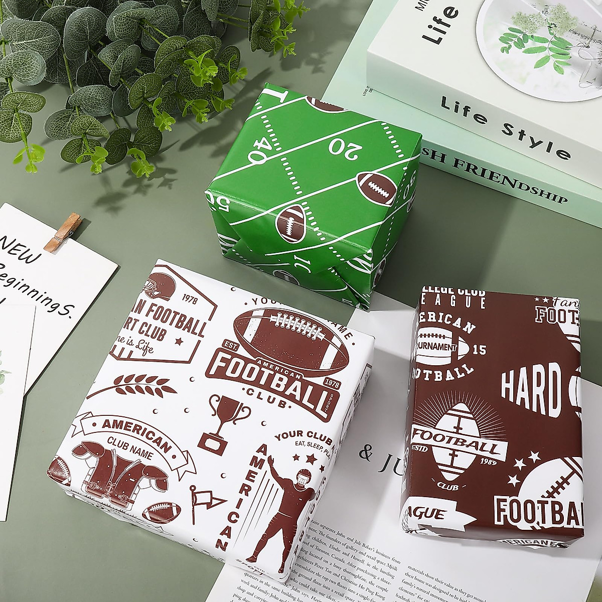 AnyDesign 12 Sheet Rugby Wrapping Paper Football Helmet Gift Wrap Paper Bulk White Green Brown Art Paper for DIY Crafts Sport Events Wedding Birthday Gift Packing, 19.7 x 27.6 Inch, Folded Flat