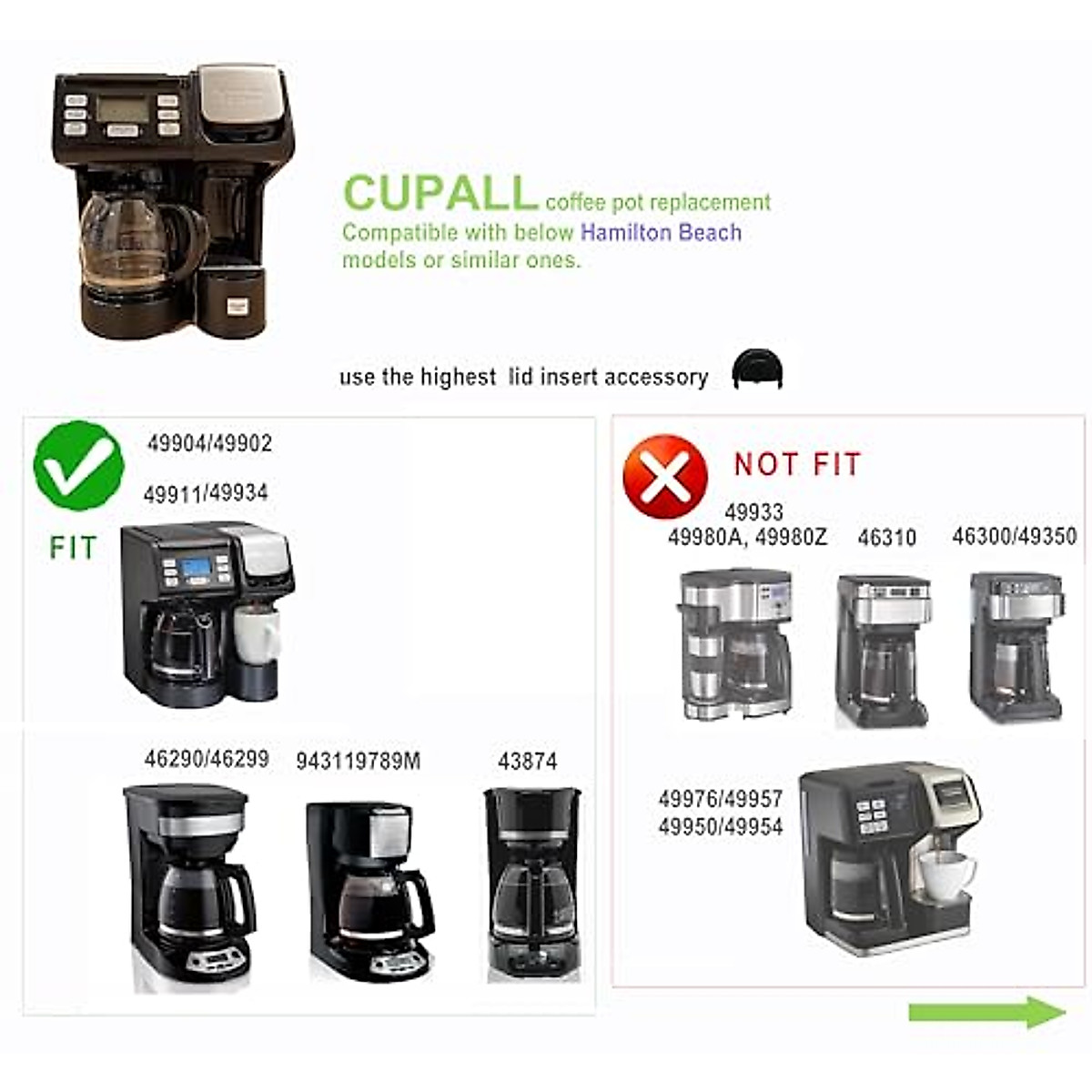 Coffee Machine Replacement 12CUP Glass Carafe, Fit With Hamilton Beach 49902/04 Coffee Maker, 12 cup coffee maker 46299/46290,43874