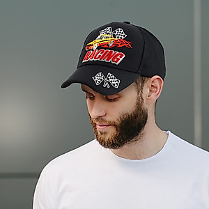 Trendy Apparel Shop Racing 3D Embroidered Flame Car Race Flag Baseball Cap - Black