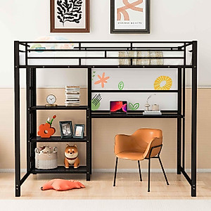 DNYN Full Size Loft Bed with Desk & Ladder for Kids Bedroom,Multifunctional Metal Bedframe w/Shelves & Whiteboard & Safety Rail Design,Space Saving & No Box Spring Needed, Black