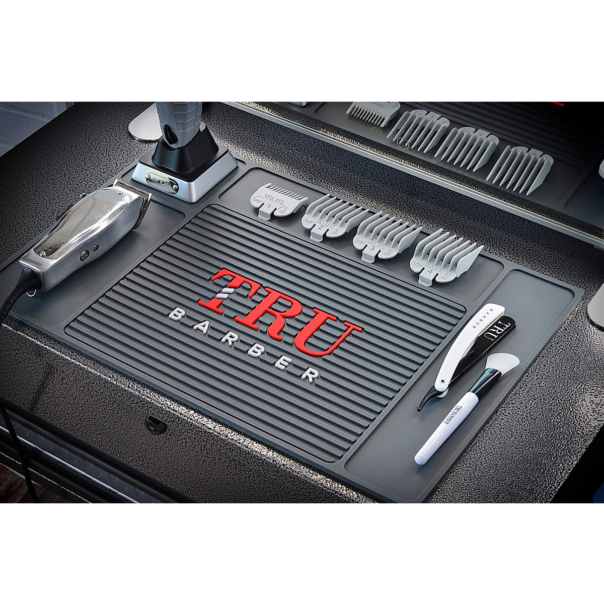 TRU BARBER Organizer Mat 18" X 13" (Charcoal Grey) Flexible PVC Station Mat, Salon Barbershop work station pads, Beauty salon tools, Counter mat for clippers, anti slip