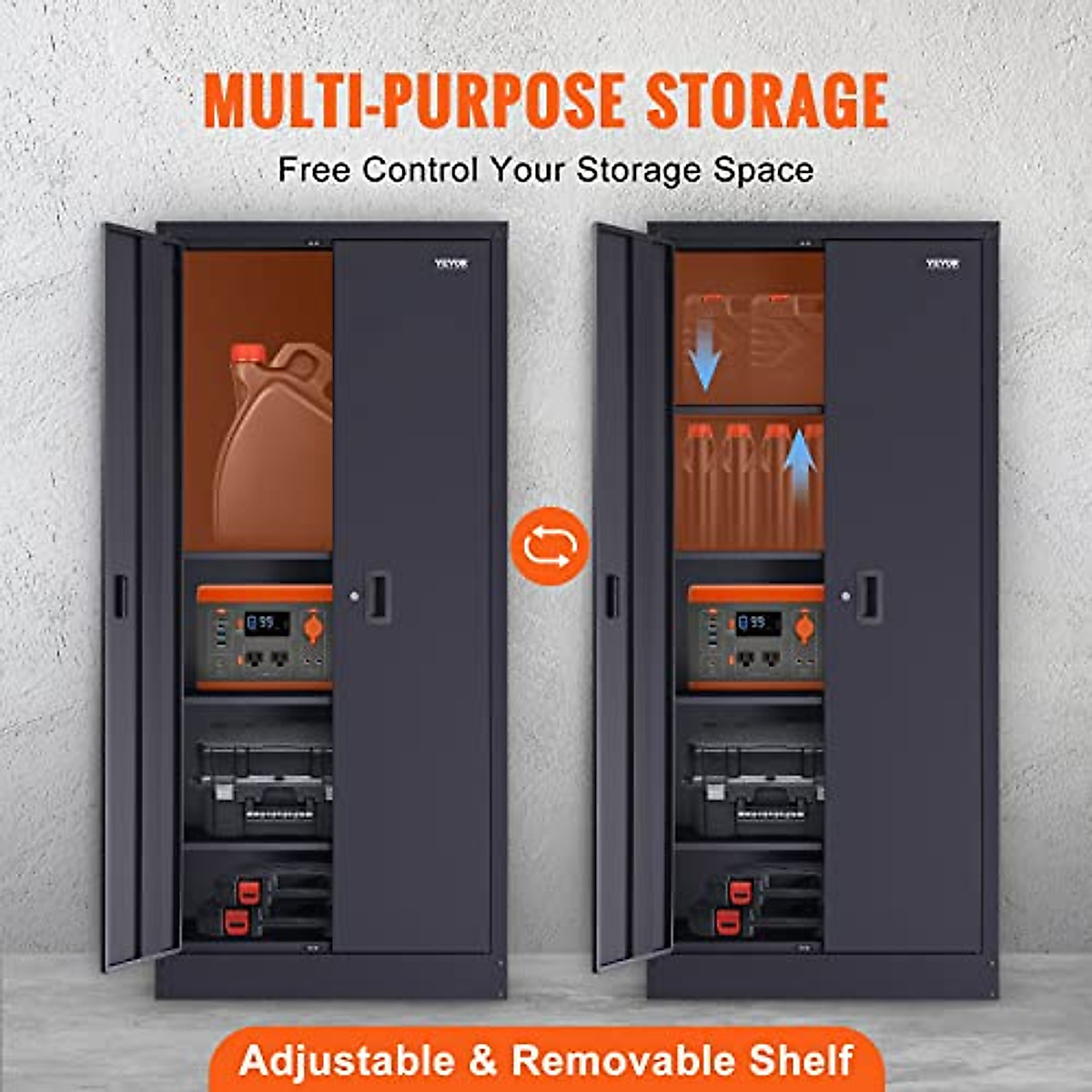 VEVOR Metal Storage Cabinet, 200 lbs Load Capacity per Shelf, 70'' Tall Lockable Powder-Coating Steel Garage Cabinet with 4 Adjustable Shelves, Magnet Doors & Lock, Perfect for Office Home Garage