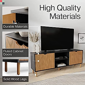 Stead Contemporary Fluted TV Stand 2023 Collection- 70” Entertainment Center Console Table with Storage for Living Room - Fits 32 to 80" TVs (Black and Oak)