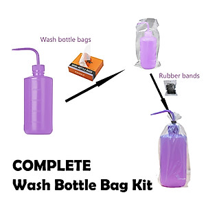 Miuxia Wash Bottle Bags Kit - 250Pcs Safety Wash Bottle Covers 2Pcs 500ml Tattoo Squeeze Bottle 300Pcs Rubber Bands Purple Wash Bottles Scale Labels Watering Tools for Medical Label Tattoo Supplies