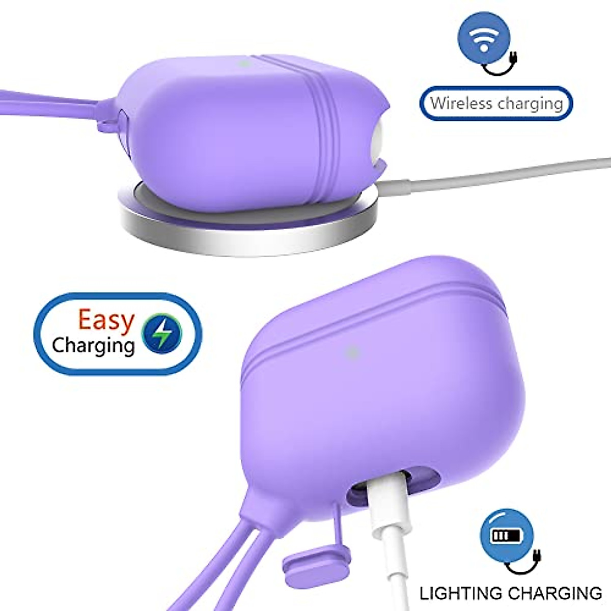 AirPods 3rd Generation case Waterproof and Anti-Lost case with Silicone Lanyard. Wireless Charging, LED Light Visible (Purple)