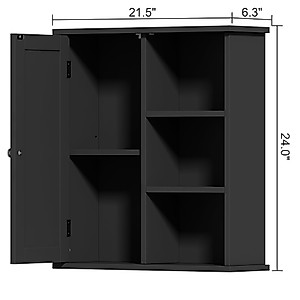 Treocho Bathroom Wall Cabinet, Medicine Cabinet with Door and 3 Open Shelves, Wall Mounted Storage Organizer for Bathroom, Kitchen, Living Room, Black