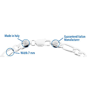 QUADRI Figaro Sterling Silver Chain for Men – 7 mm Mens Necklaces Chains, Men's Solid Real Italian Link Chain 22 Inch, Cadena de Plata 925 para Hombre, Diamond Cut Made in Italy, Gift Box