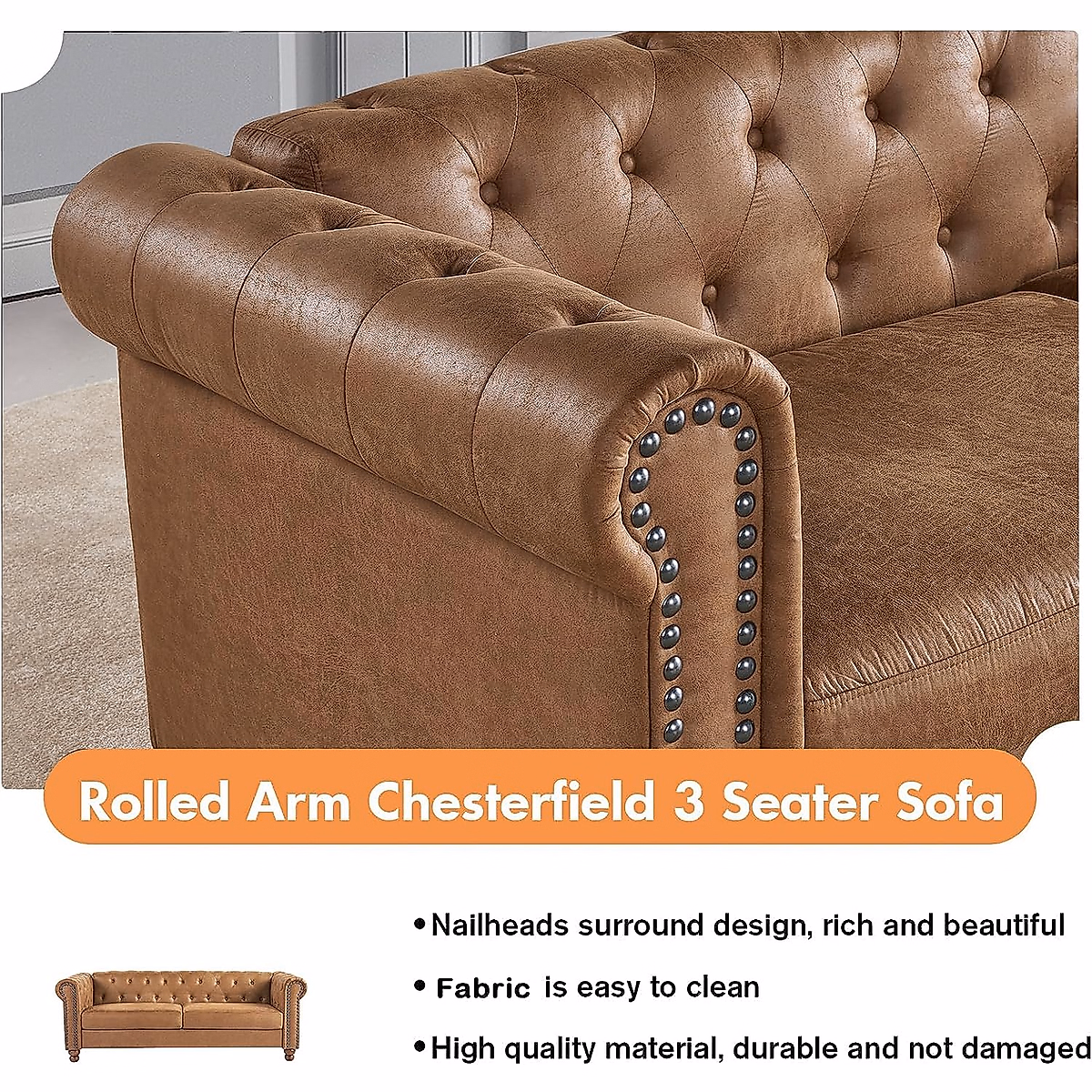 LAVHOME Chesterfield 3 Seater Velvet Button Tufted Sofa, Upholstered Couch with Nailhead Arms Solid Wood Legs for Living Room Office Bedroom Apartment (Brown)