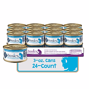 Blue Buffalo Basics Skin & Stomach Care, Grain Free Natural Adult Pate Wet Cat Food, Indoor Fish 3-oz cans (Pack of 24)