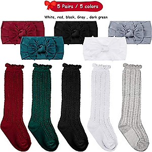 5 Pairs Baby Girl Knit Knee Sock with 5 Pieces Bowknot Headband (Small,Multicolored)