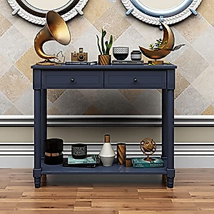 Karl home Console Table with 2 Drawers, Narrow Sofa Side Table Entryway Desk with Bottom Storage Shelf, TV Stand for Living Room Hallway Office, Navy Blue/Black 29.7" H