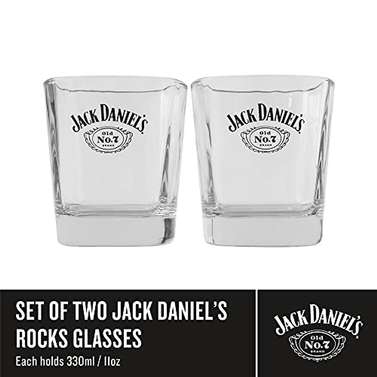 Jack Daniels Official - Jack Daniels Whiskey Glasses, Set of 2 Licensed Jack Daniel's Old No 7 Branded Glass Whiskey Tumbler 330 ml - 11oz Premium Whisky Glass Set - Jack Daniels Gifts for Men, Women