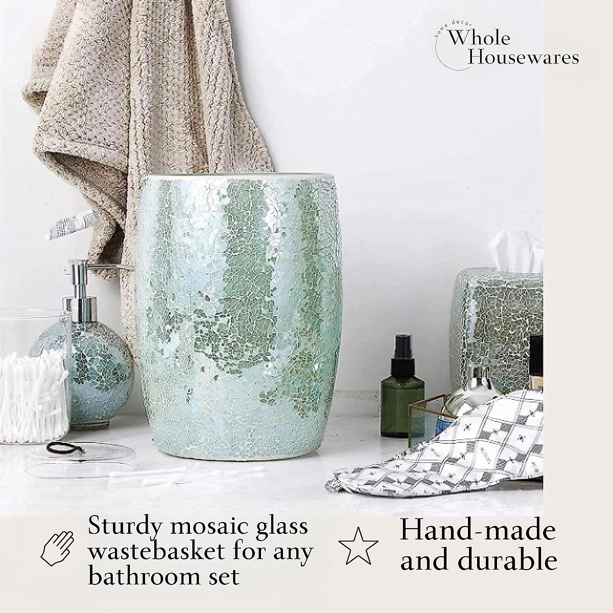 WHOLE HOUSEWARES Mosaic Wastebasket - Glass Decoration Bathroom Trash Can - Shiny Finish Bathroom Accessory - 7.5" x 10" - Turquoise