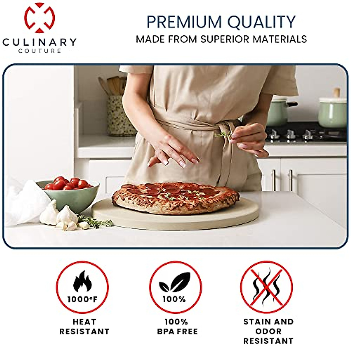 Culinary Couture 15" Round Pizza Stone for Oven and Grill - Cordierite Pizza Stone for Bread, Calzone, Cookies - Oven and Grill Pizza Stone for Outdoor Grill, Stone Pizza Pan for Oven