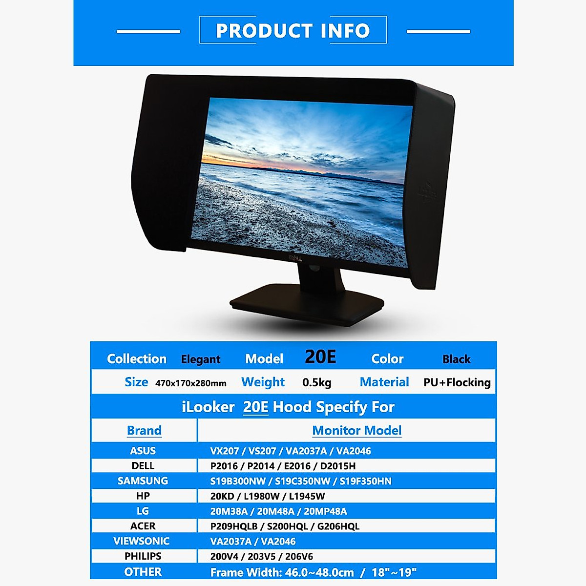 iLooker 20E 19~20 inch LCD LED Video Monitor Hood Sunshade Sunhood for Dell HP Viewsonic Philips Samsung LG EIZO NEC ASUS ACER BENQ AOC Lenovo, Fits Monitor Frame Width 455-480mm