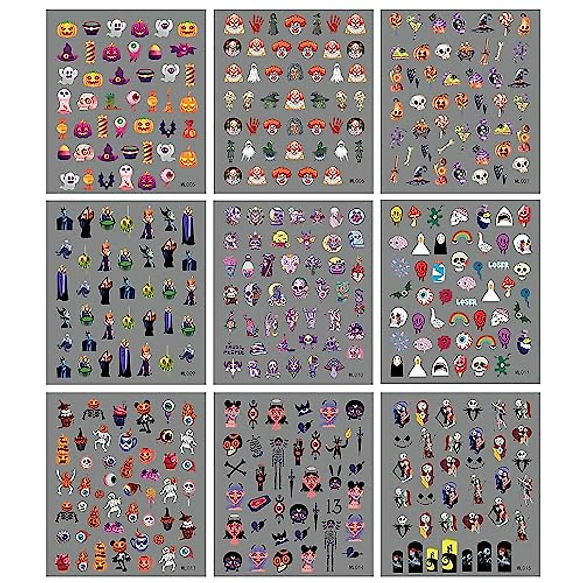 JMEOWIO 9 Sheets Halloween Nail Art Stickers Decals Self-Adhesive Pegatinas Uñas Skull Ghost Witchy Pumpkin Nail Supplies Nail Art Design Decoration Accessories
