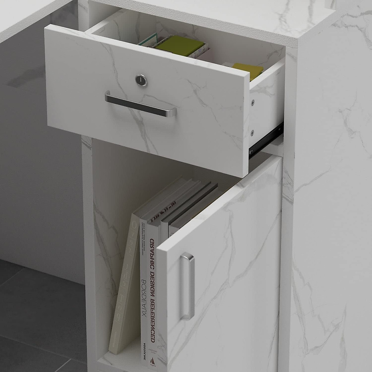 Reception Desk L-Shaped Counter with Drawers Marble Texture White Modern Contemporary Scandinavian L-Shape MDF Matte Keyboard Tray Shelves