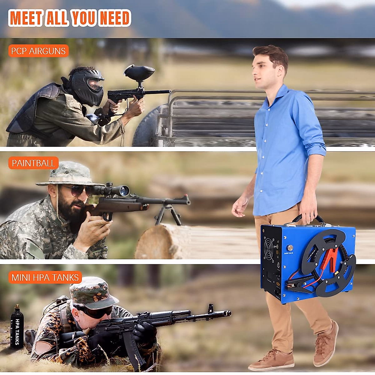 TOAUTO A3 PCP Air Compressor, Unique Vertical+Wire Spool Portable Design, Auto-Stop, Oil/Water-Free, 4500Psi/30Mpa, 8MM Quick-Connector for Paintball/PCP Air Rifle/Tank, 110V AC or 12V Car Battery