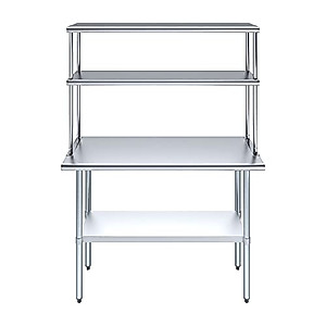 18" x 48" Stainless Steel Work Table with 12" Wide Double Tier Overshelf | Metal Kitchen Prep Table & Shelving Combo