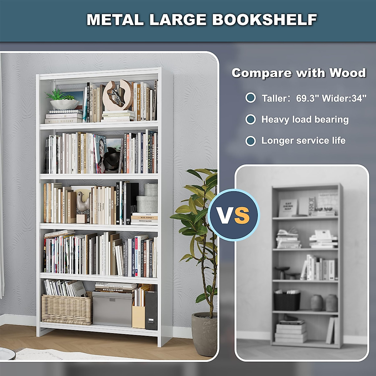 ZONLESON Bookshelf,5 Tier Bookshelves,69" Tall White Bookcase Shelf Storage Organizer,Free Standing Storage Shelving Unit for Home Office,Library White Bookshelf Metal Bookcase