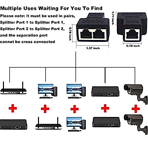 Kewrok 1 Pairs RJ45 Ethernet Splitter, 1 to 2 RJ45 Splitter, 1 Port Female to 2 Ports Female Network LAN Cable Extension Adapter Connector Coupler, Access IPTV Internet Broadband Simultaneity (Black)